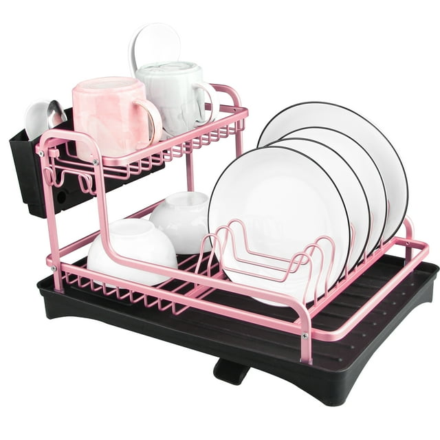 Tomorotec 2-Tier Aluminum Dish Rack and Drain Board, Beautiful Pink ...
