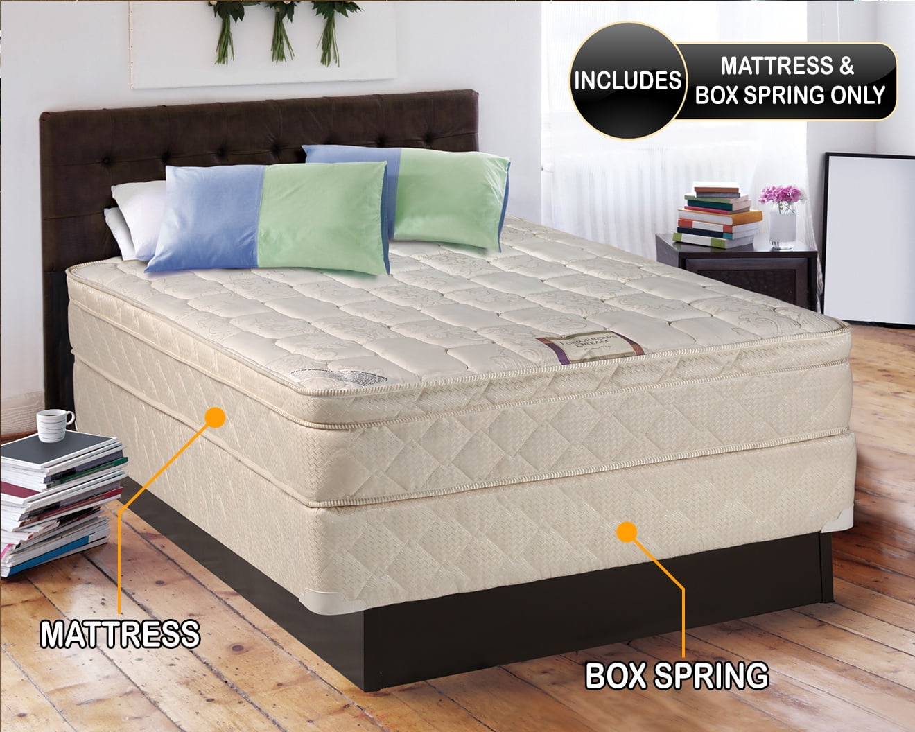 Dream Solutions USA Queen Size Eurotop Innerspring Mattress & Box Spring Set, Orthopedic, Medium ...