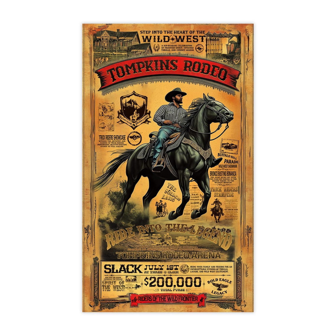 Tompkins Rodeo Poster - Retro Western Cowboy Art Print - Rustic Wild ...
