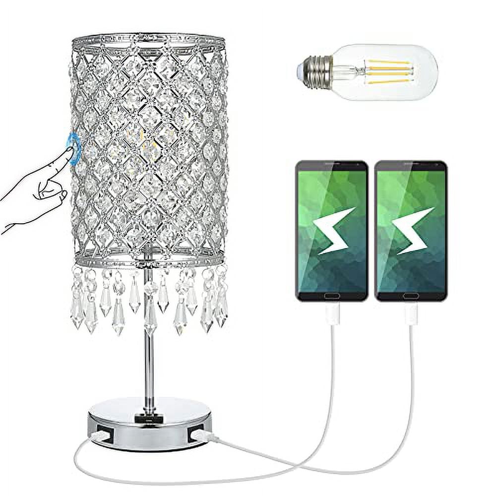 Tomshine Touch Control Crystal Table Lamp, Dual Fast USB Ports/AC ...
