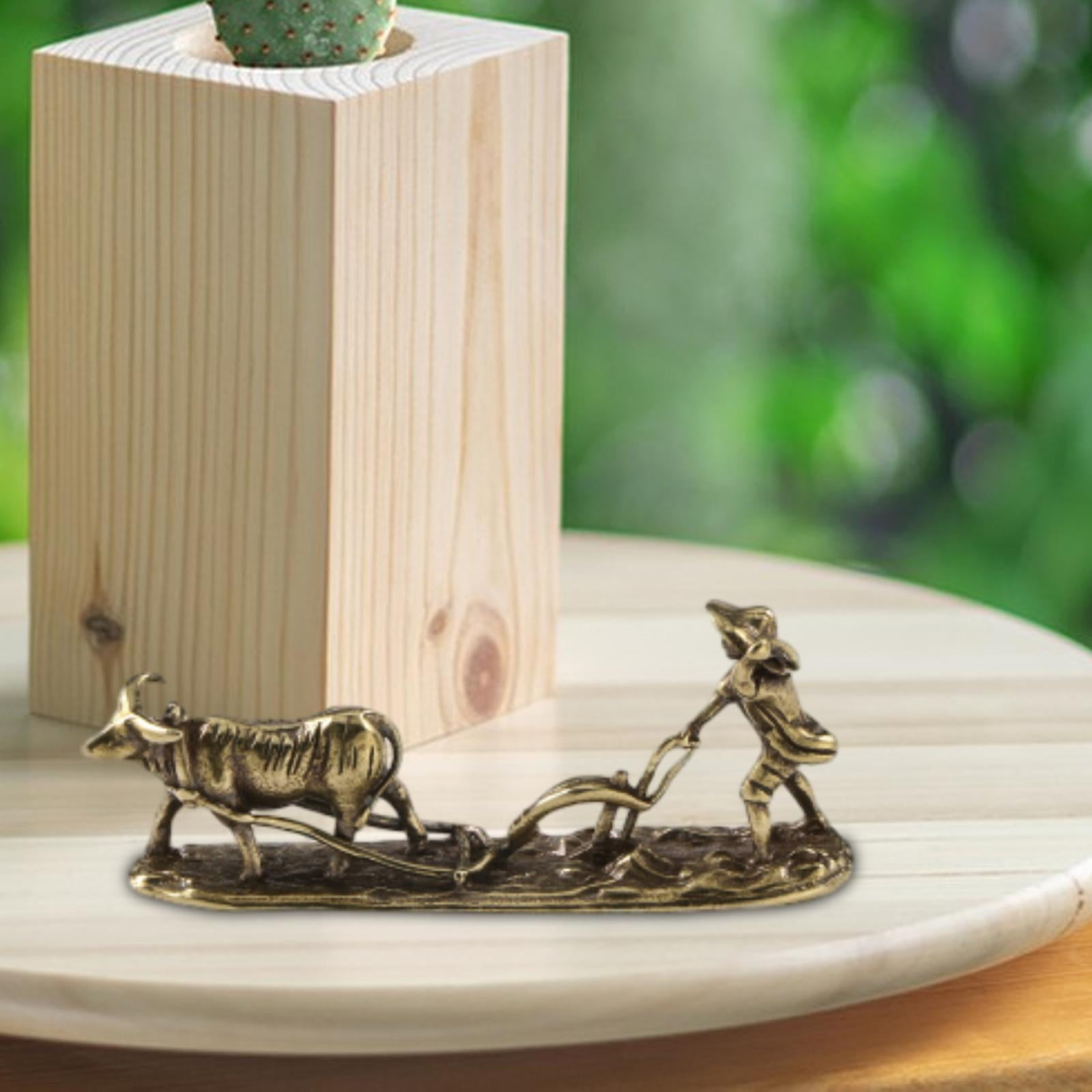 Tongina Miniature Cow Sculpture Brass Cow Plow Figurine Adorable Mini ...