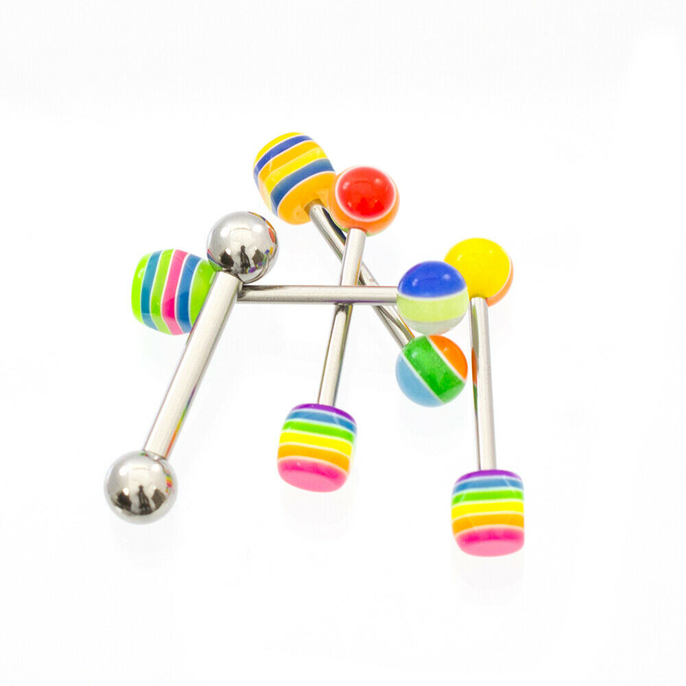 Tongue Barbells with Striped Octagon Balls Pack of 4 14g Plus Free 10g ...