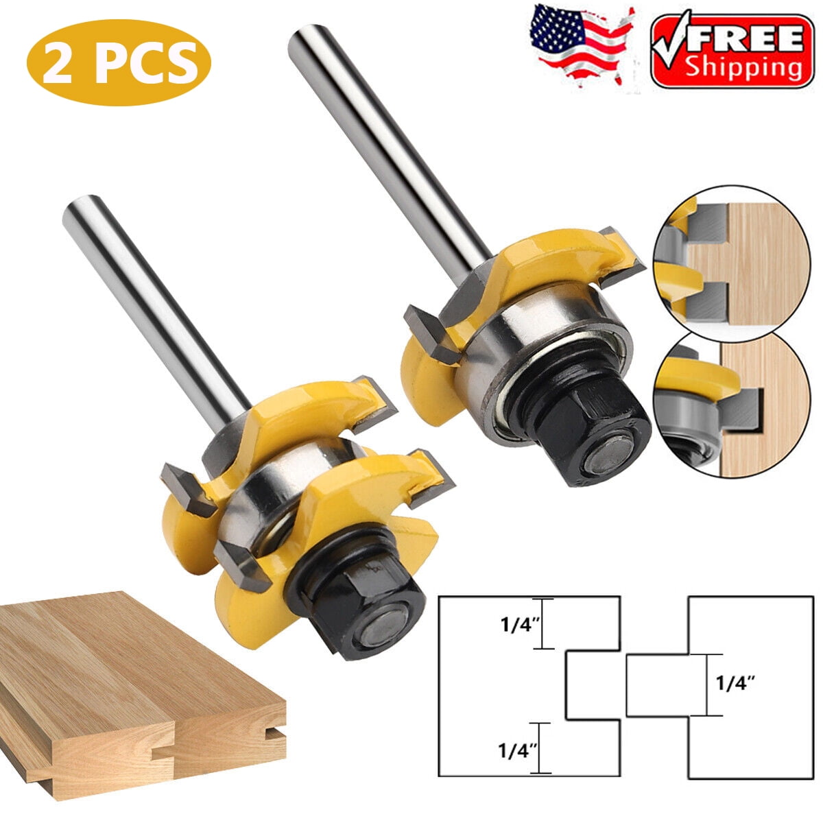 Tongue and Groove Set of 2 Pieces 1/4 Inch Shank Router Bit 3 Teeth ...