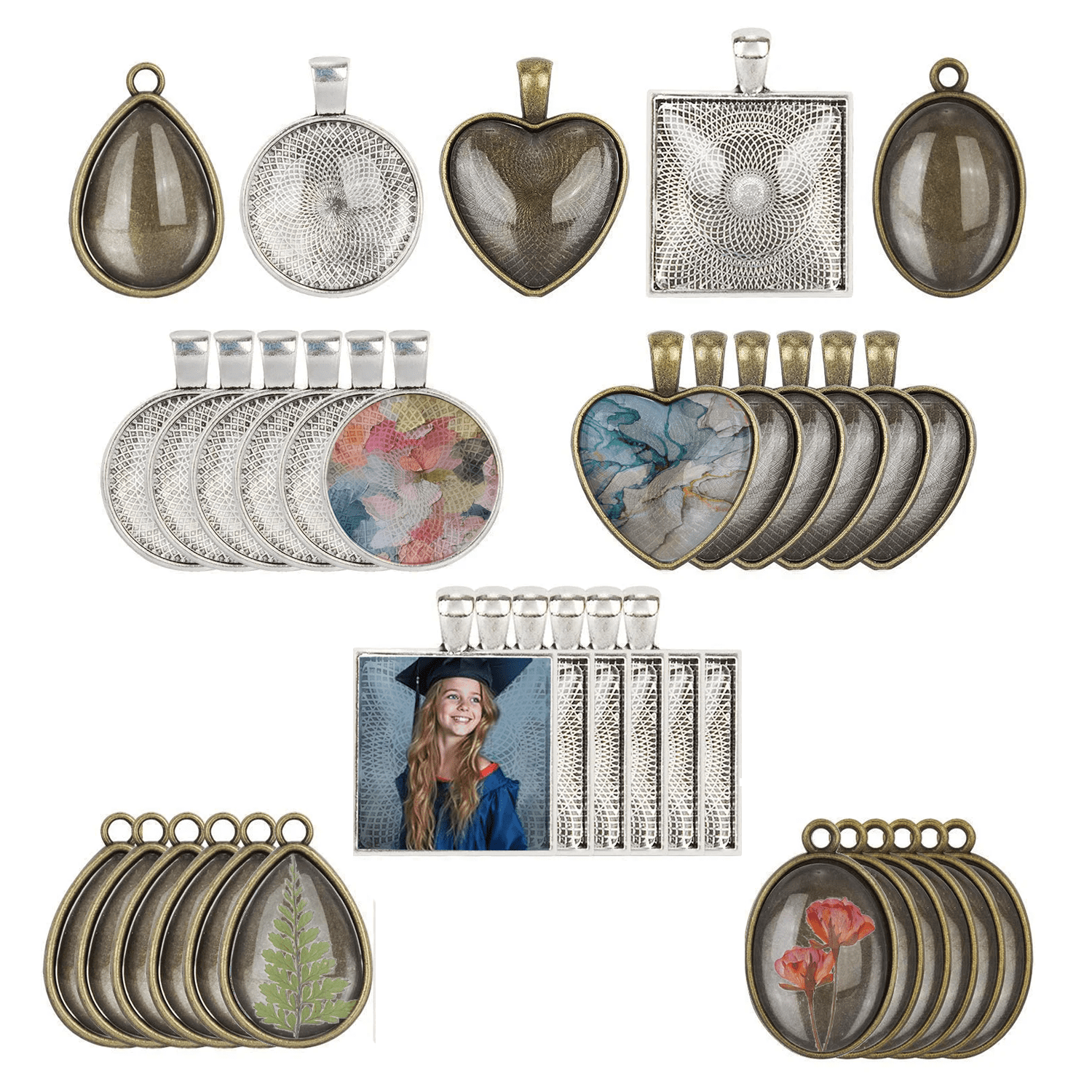 Tonsiki 60pcs Pendant Trays with Glass Cabochons, Metal Alloy Jewelry ...