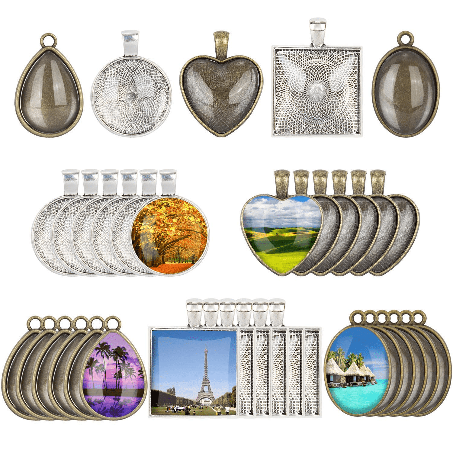 Tonsiki 60pcs 5 Styles Pendant Trays with Glass Cabochon for Jewelry ...