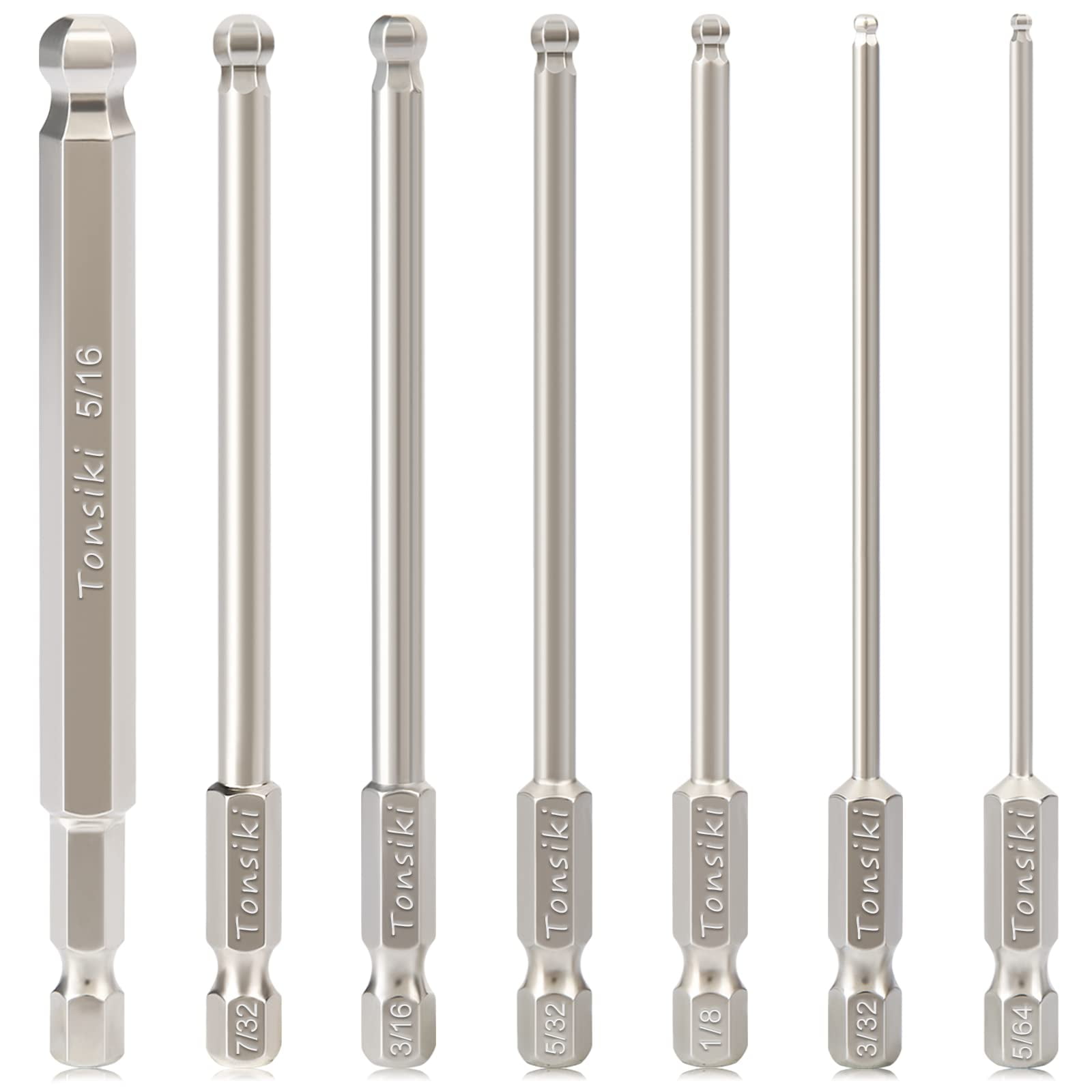 Tonsiki 7PCS Ball End Hex Head Allen Wrench Drill Bit Set, SAE 1/4" Hex Shank S2 Steel Hex ...
