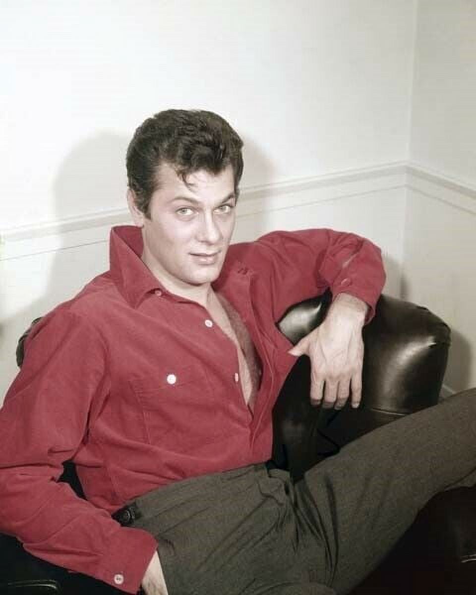 Tony Curtis 1950's pin-up beefcake portrait in open red shirt poster ...