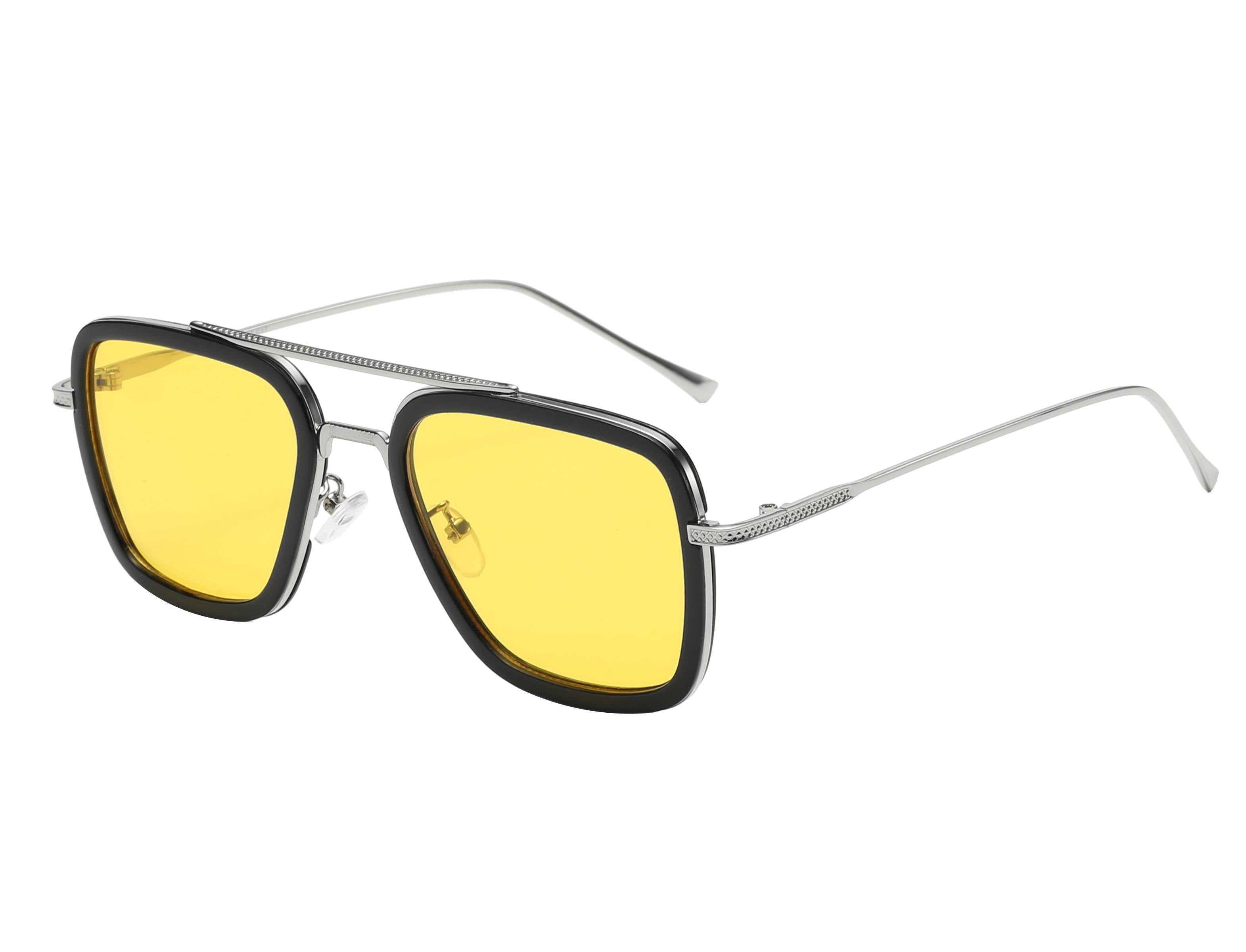Tony Stark Aviator Sunglasses - Silver & Black Frame / Yellow Lens ...