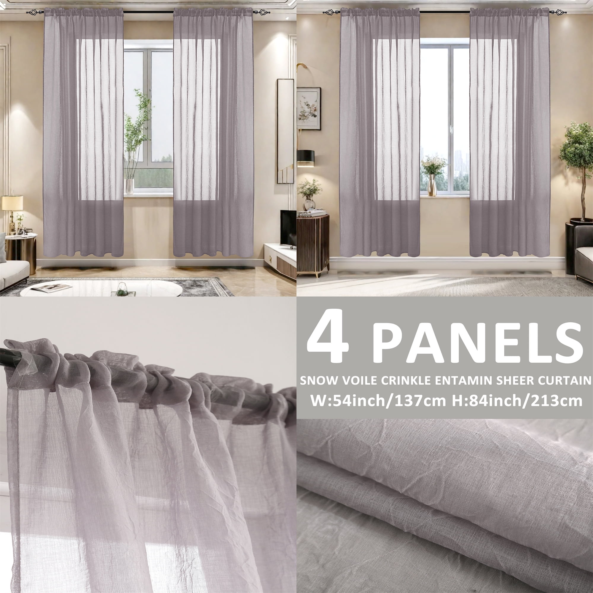 Tony's Collection 4 Panels Snow Voile Crinkle Entamin Sheer Curtains, Rod Pocket Airy ...