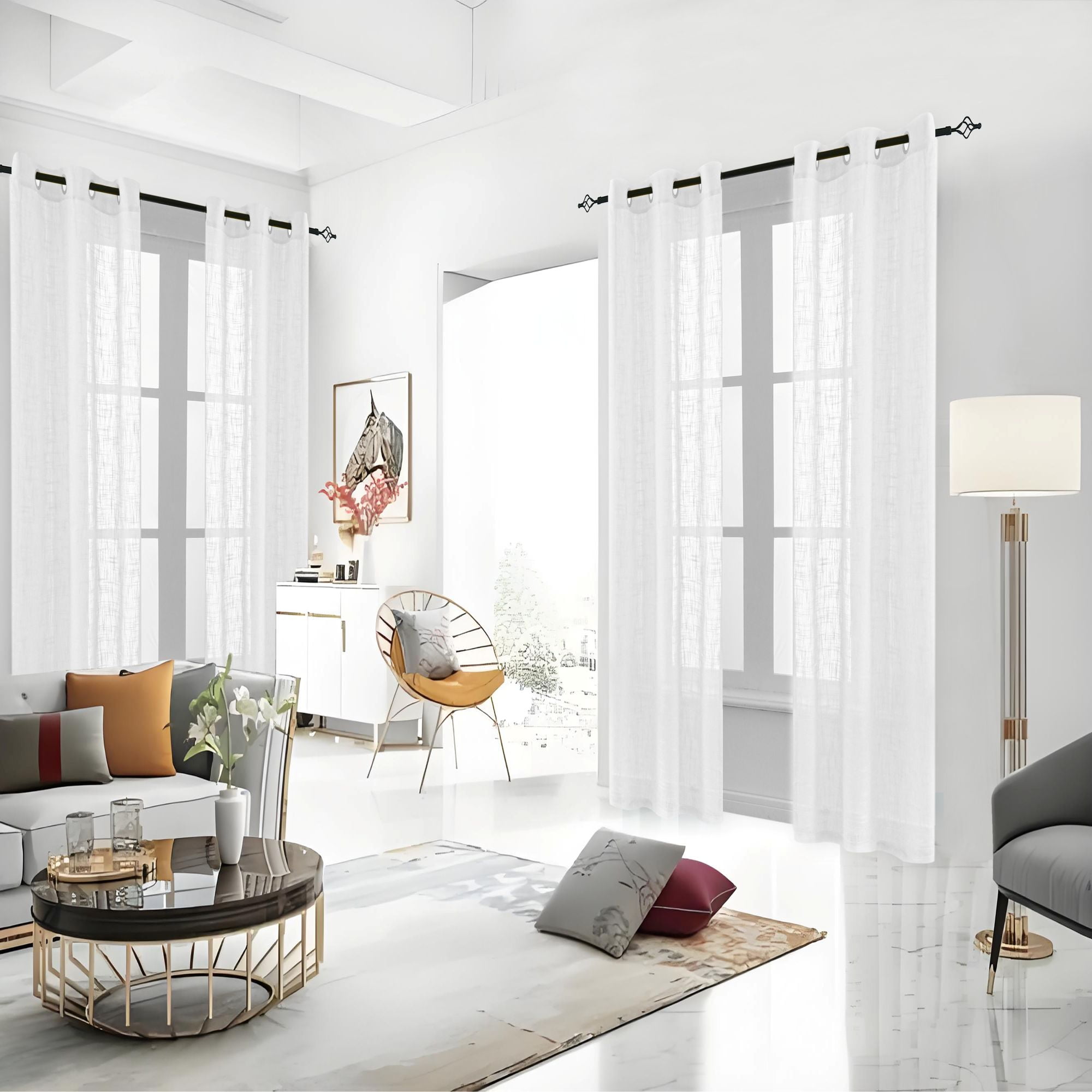 Tony's Collection 4panels Solid Bamboo Yarn Linen Look Sheer Curtains Metal Ring Buckle Balcony ...