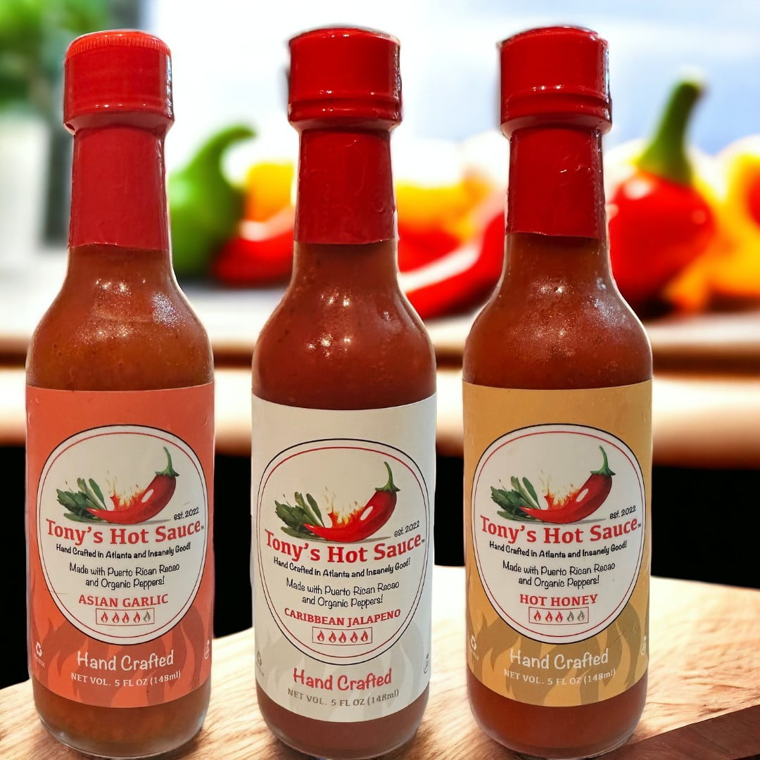 Tony's Handcrafted Hot Sauce "Asian Garlic, Caribbean Jalapeno and Hot ...