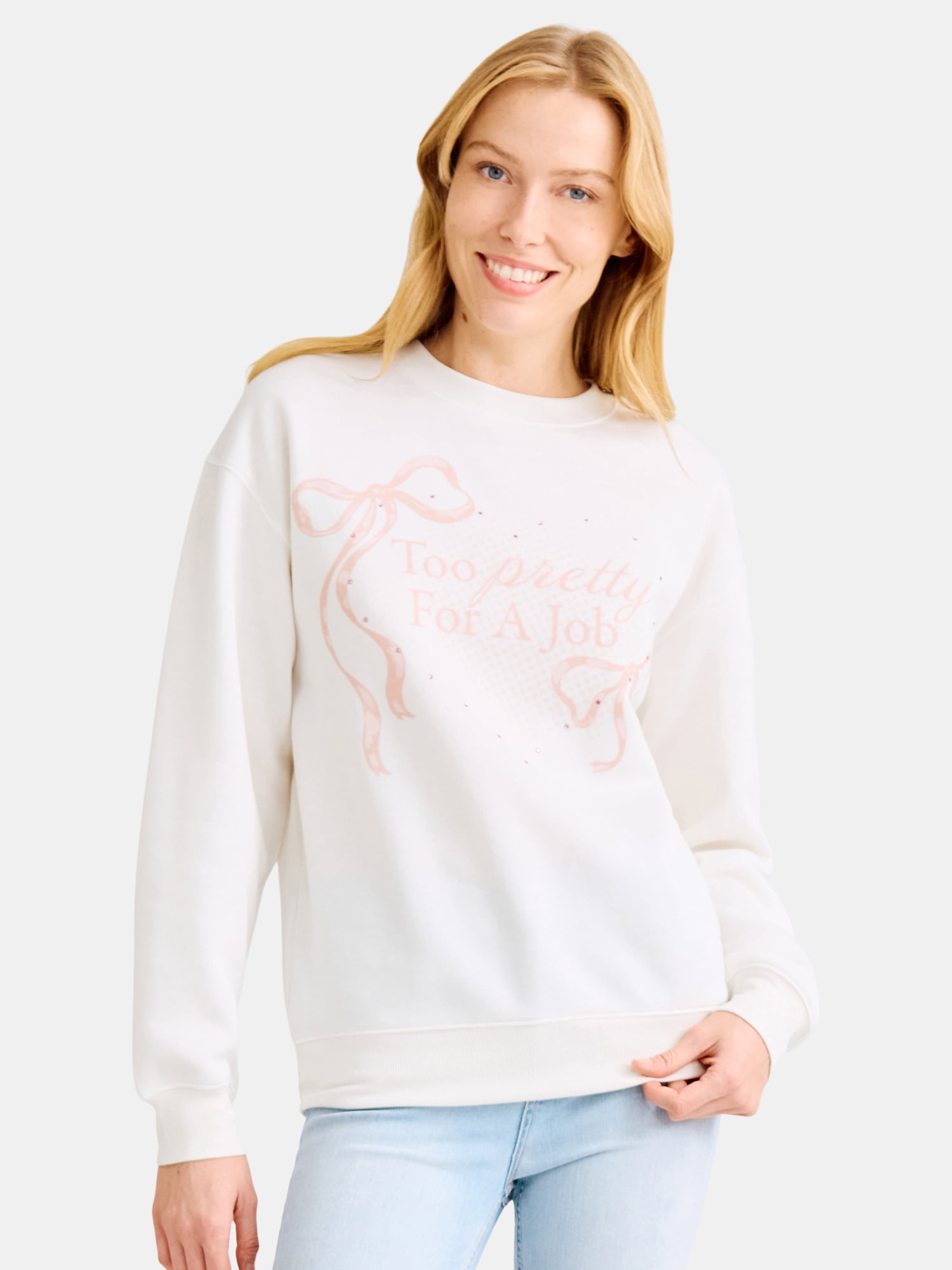 Too Pretty For A Job Graphic Fleece Pullover Sweatshirt with Long Sleeves with Rhinestones ...