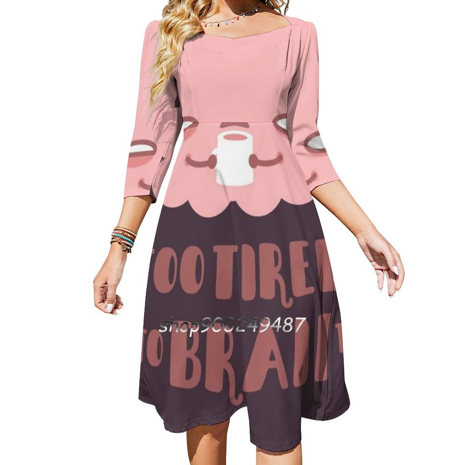Too Tired To Brain Square Neck Dress Cute Loose Print Dresses Elegant ...