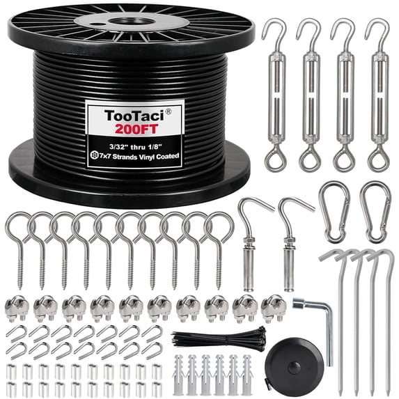 TooTaci 1/8" Wire Rope Kit, 200FT Black Vinyl Coated Stainless Steel ...
