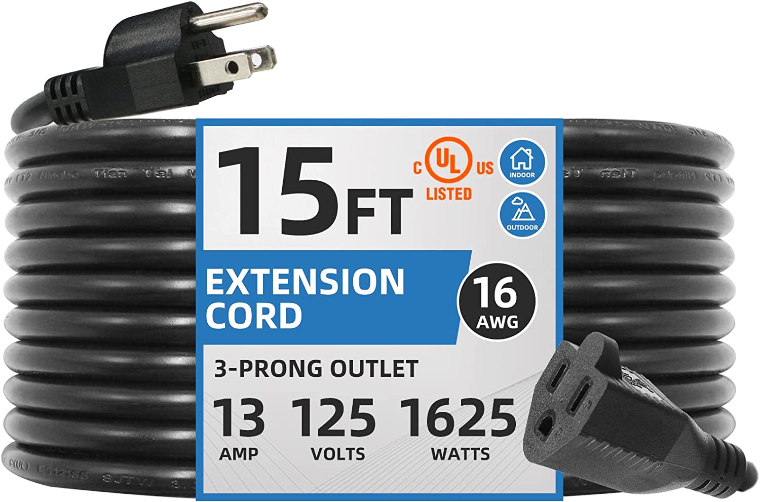 Hyper Tough 15FT 16AWG 3 Prong Black Outdoor Single Outlet Extension ...