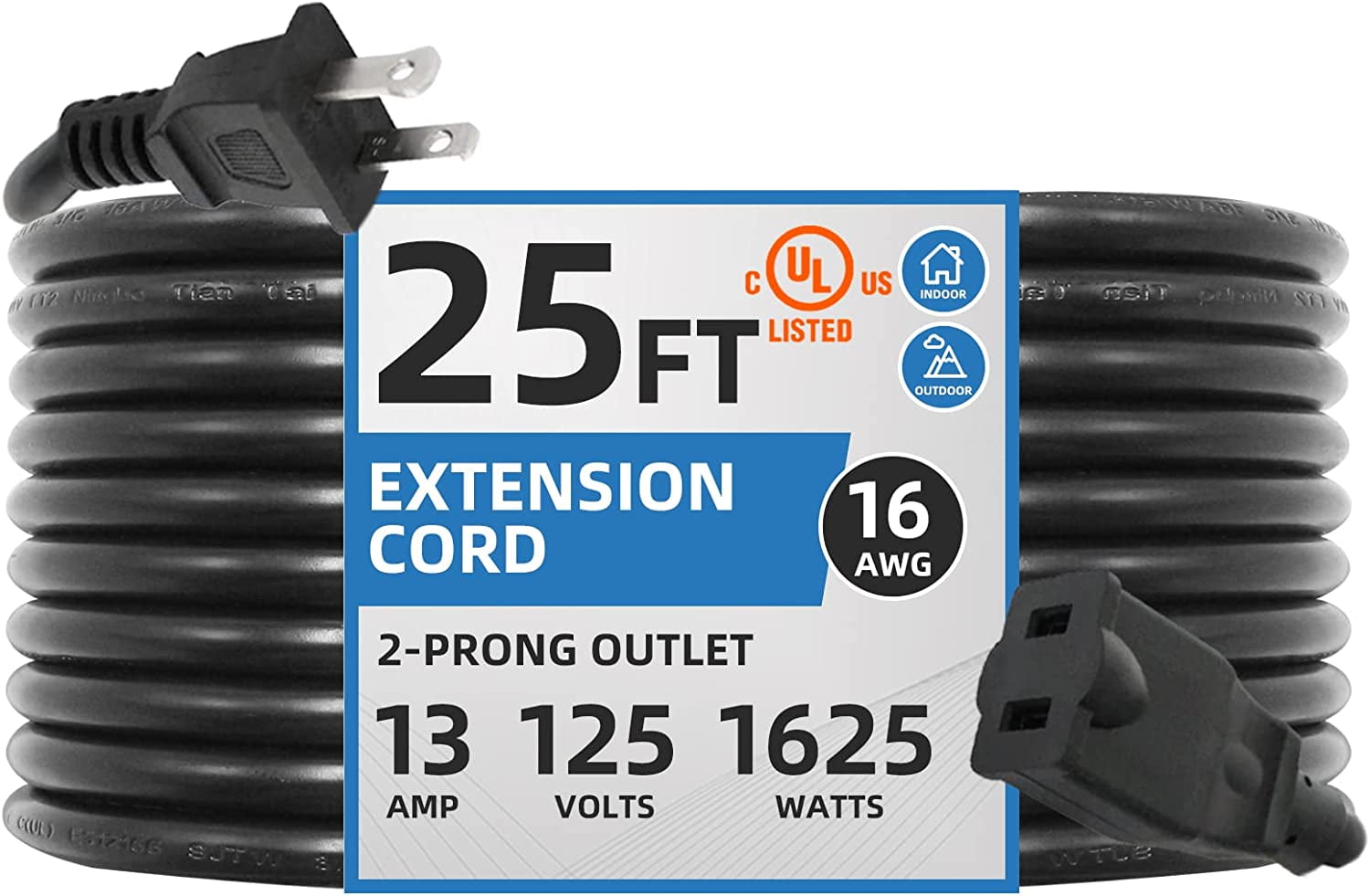 TooCust Outdoor Extension Cord 25FT Heavy Duty Waterproof 2 Prong 16AWG ...