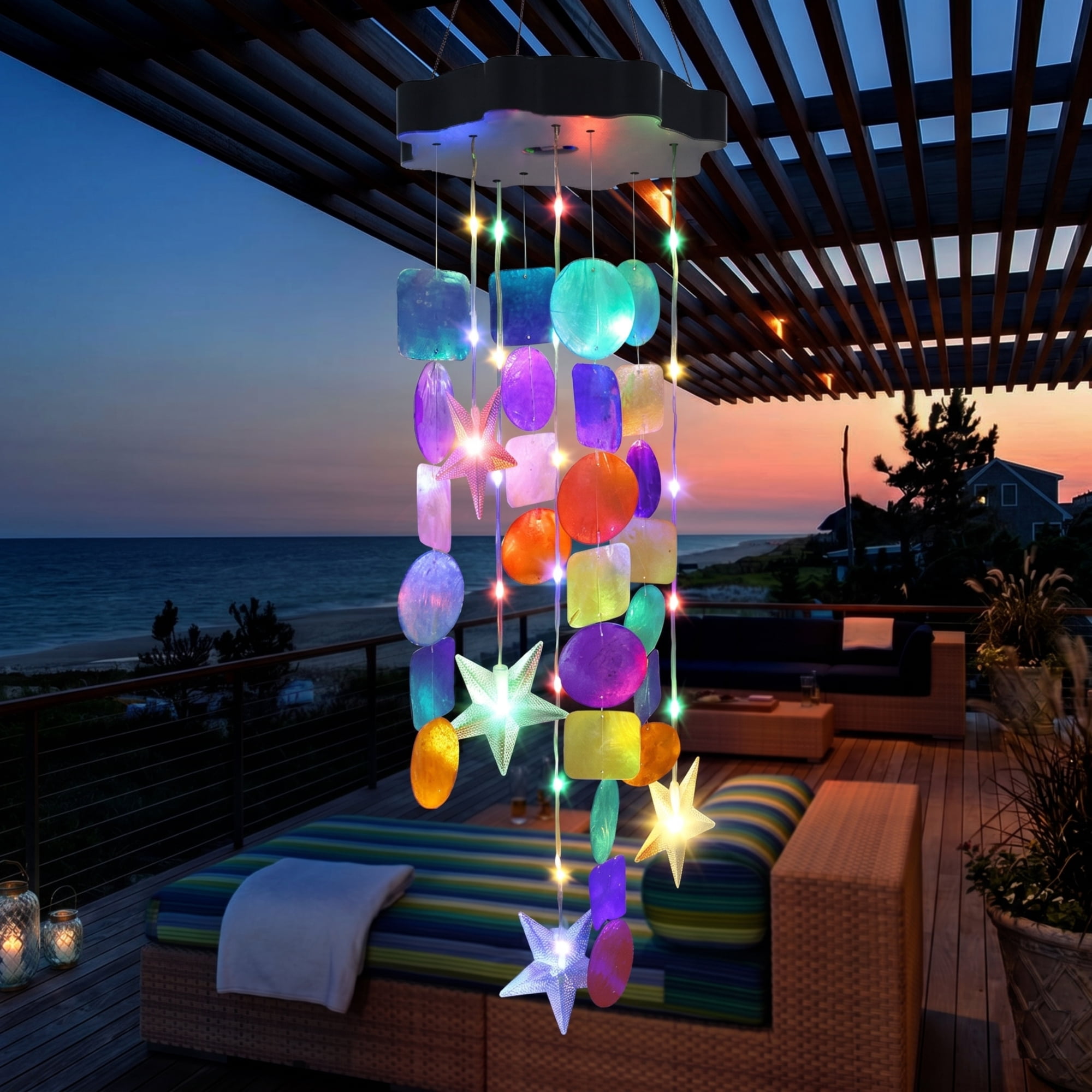 Toodour Solar Wind Chimes with Colorful Seashells Waterproof Outdoor ...