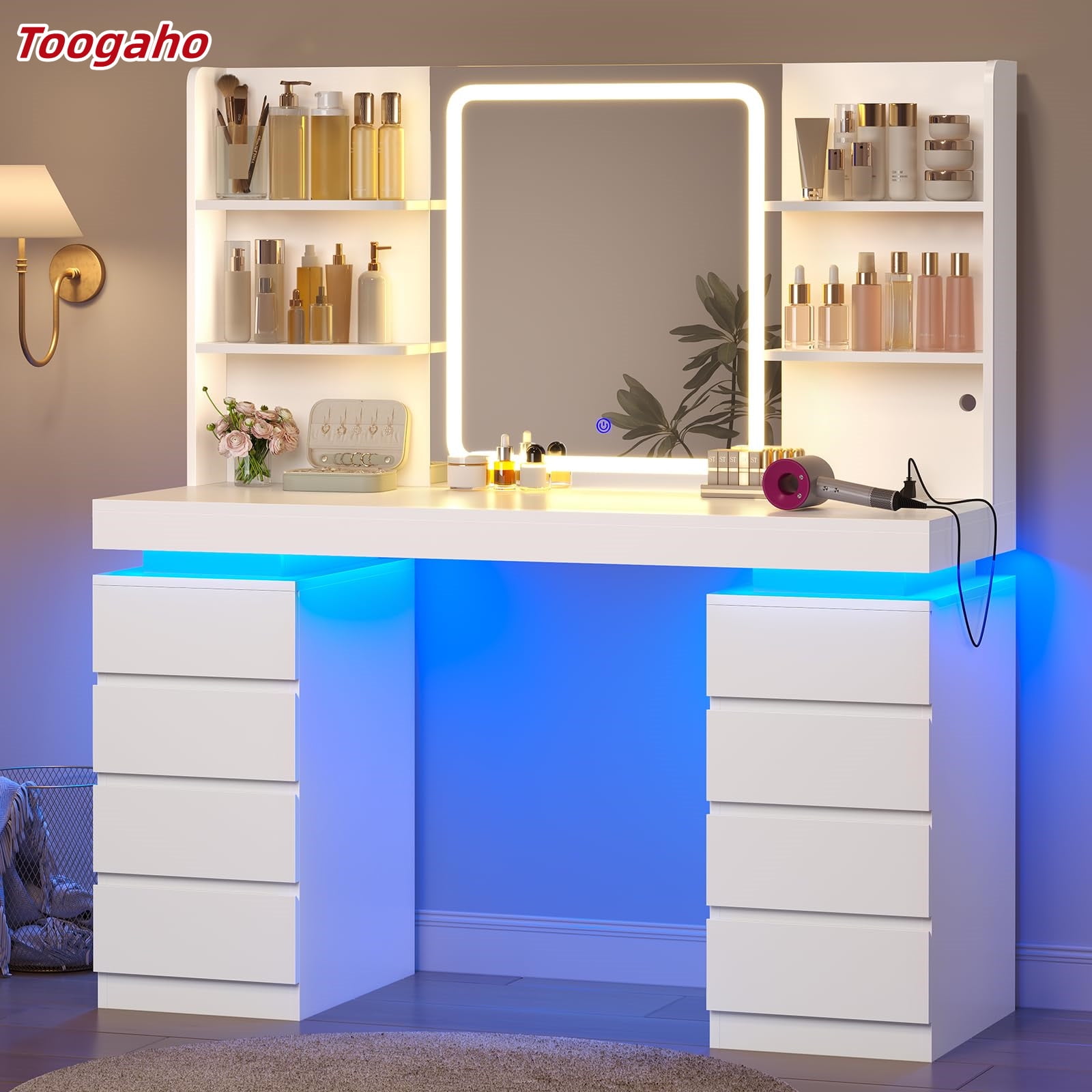 Toogaho Floating Vanity Desk with Large Mirror and Lights, 8 Drawers ...