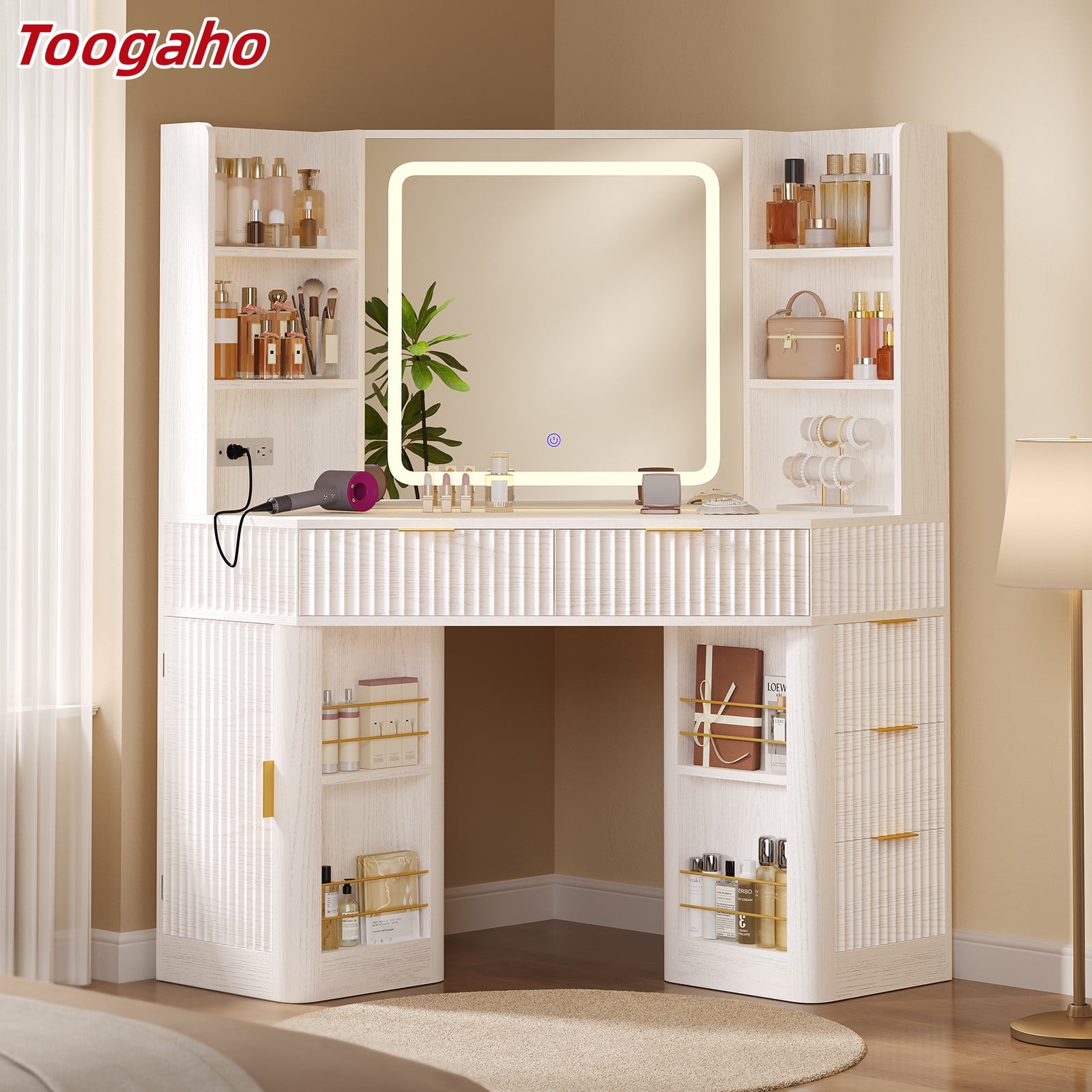 Toogaho Fluted Makeup Corner Vanity Desk With Large Mirror And Lights ...