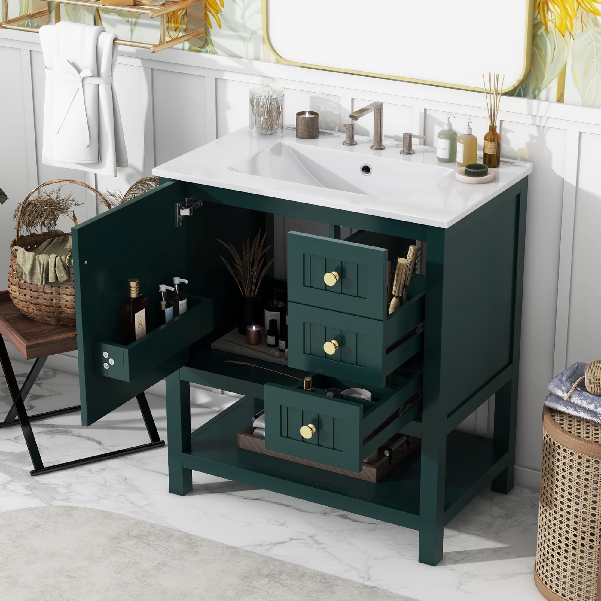 Tookss 30 Inch Bathroom Vanity with Sink, 1 Door, 2 Drawers, Bottom ...