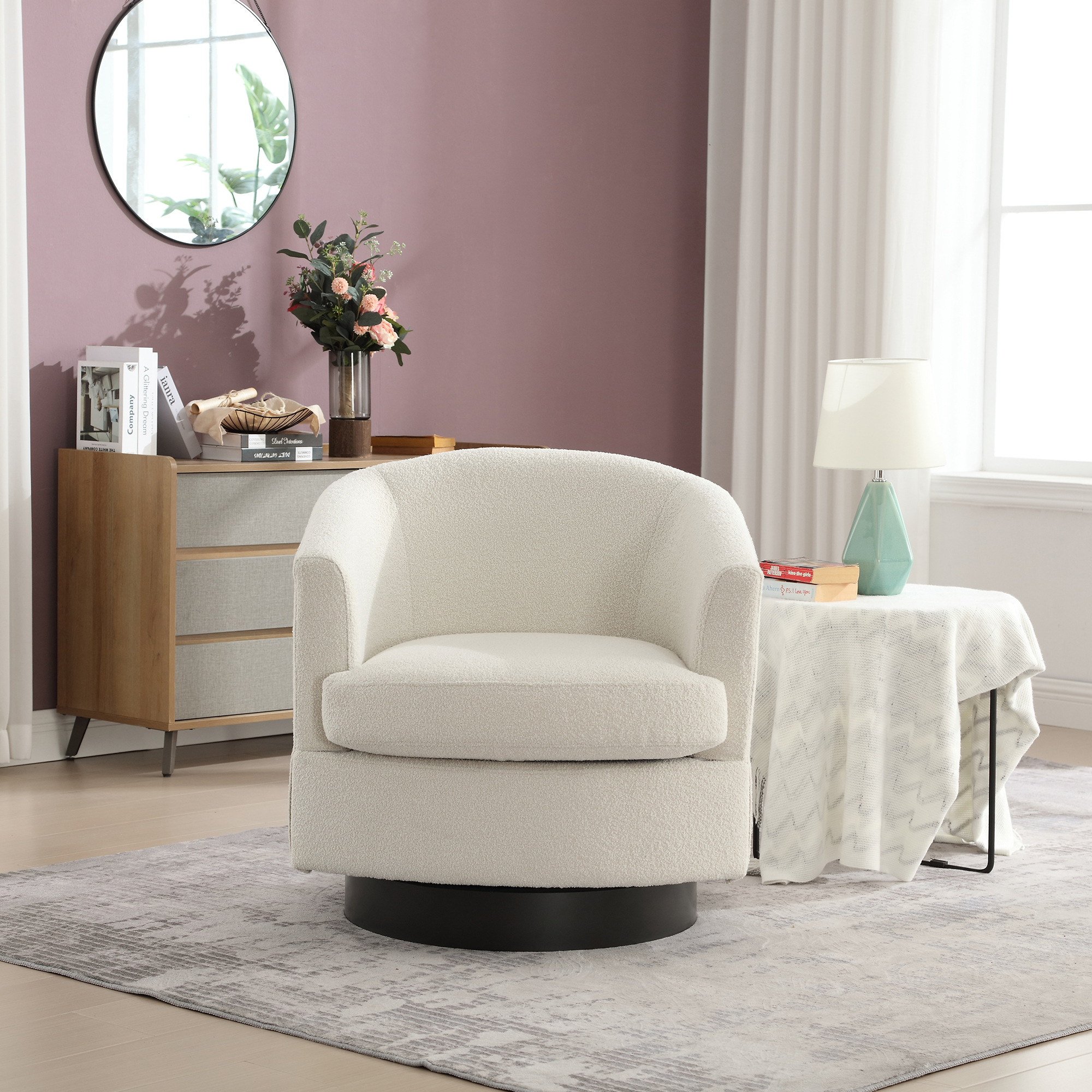 Tookss 360°Boucle Upholstered Swivel Barrel Chair, 30.7''Width Cuddle ...