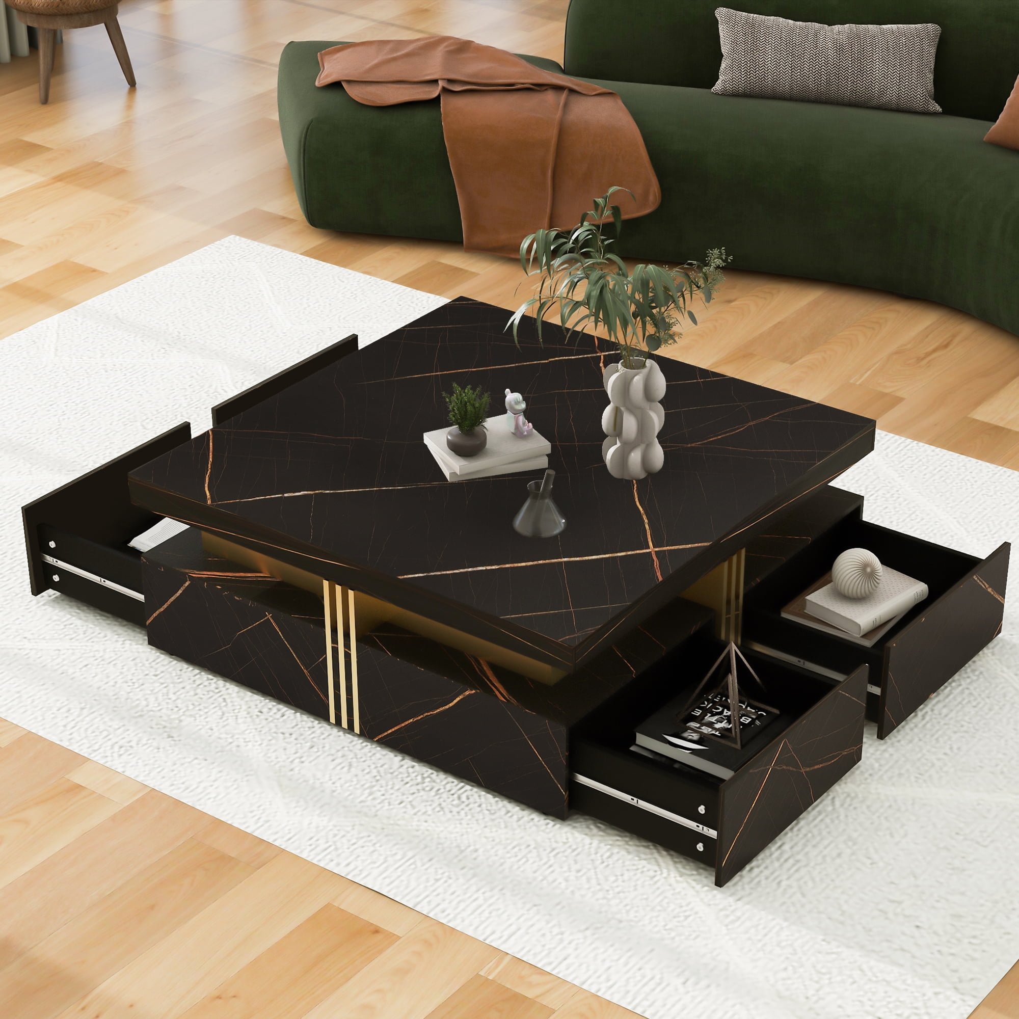 Tookss Coffee Tables With 4 Storage Drawers Modern Square Design ...