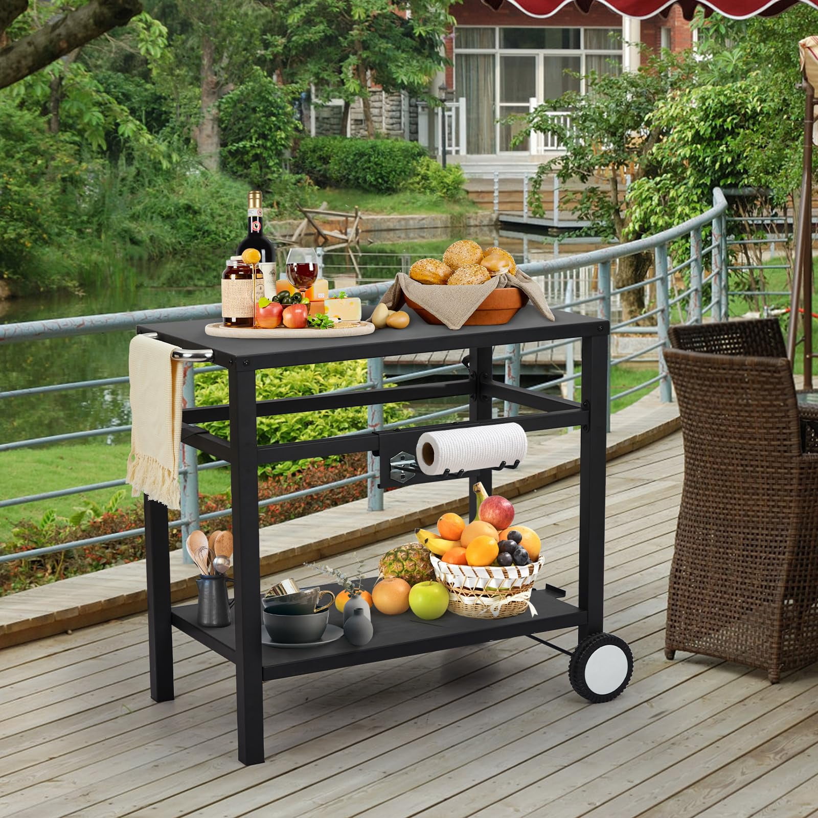Tookss Double-Shelf Grill Cart Pizza Oven Stand,BBQ Prep Table with ...