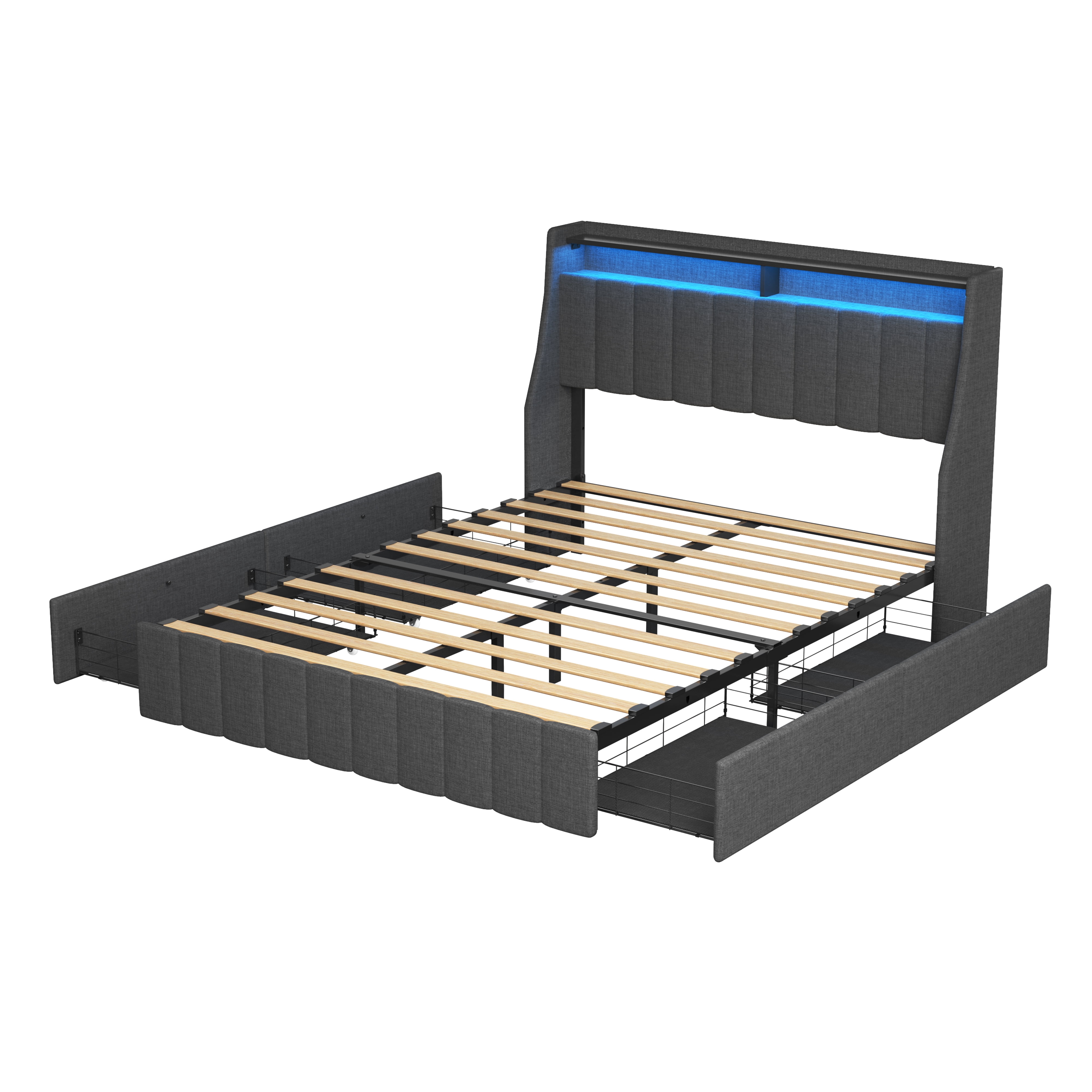 Tookss Full Size Bed Frame with LED,4 Under-bed Portable Storage ...