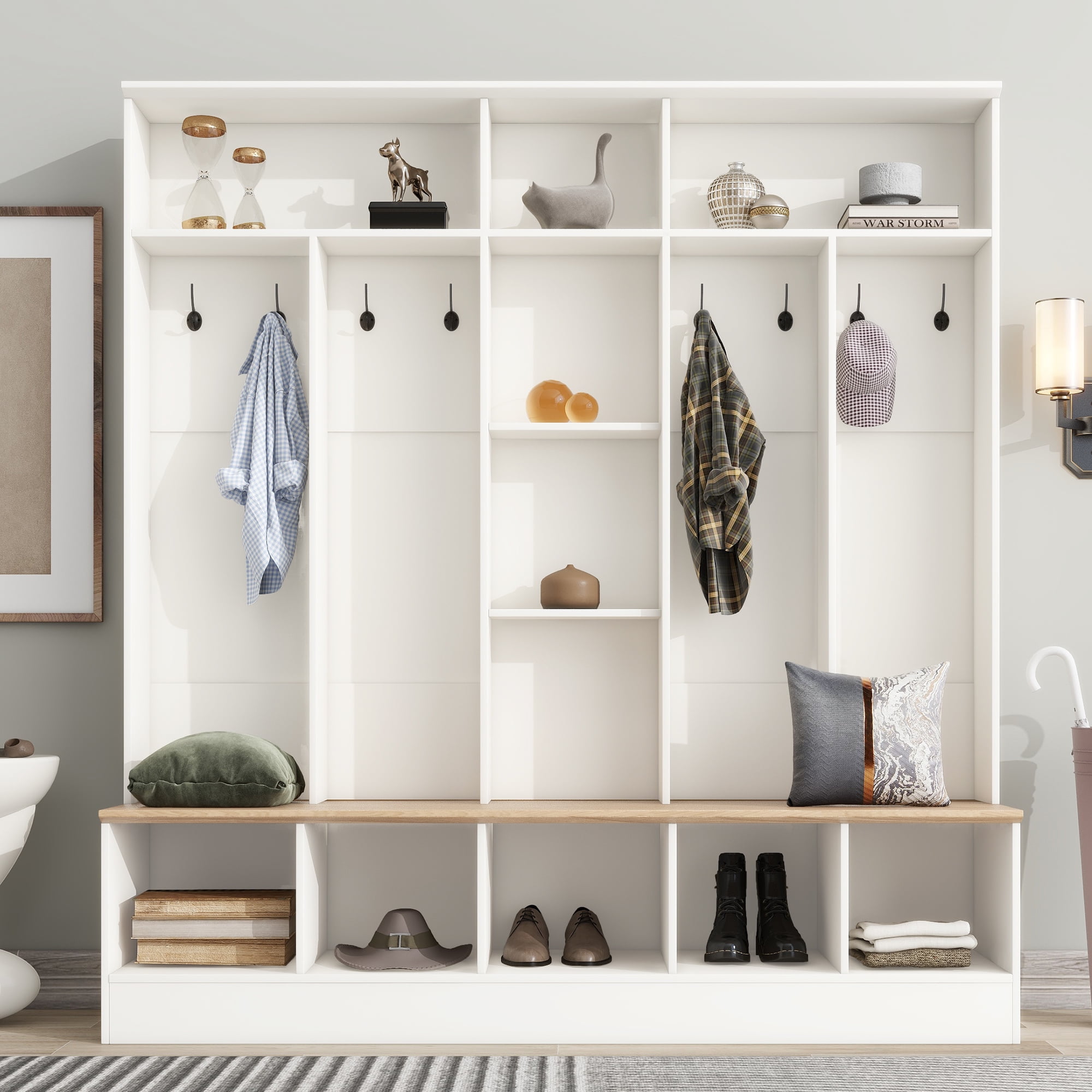 Tookss Hallway Hall Tree With 8 Hooks Cube Storage Open Shelves ...
