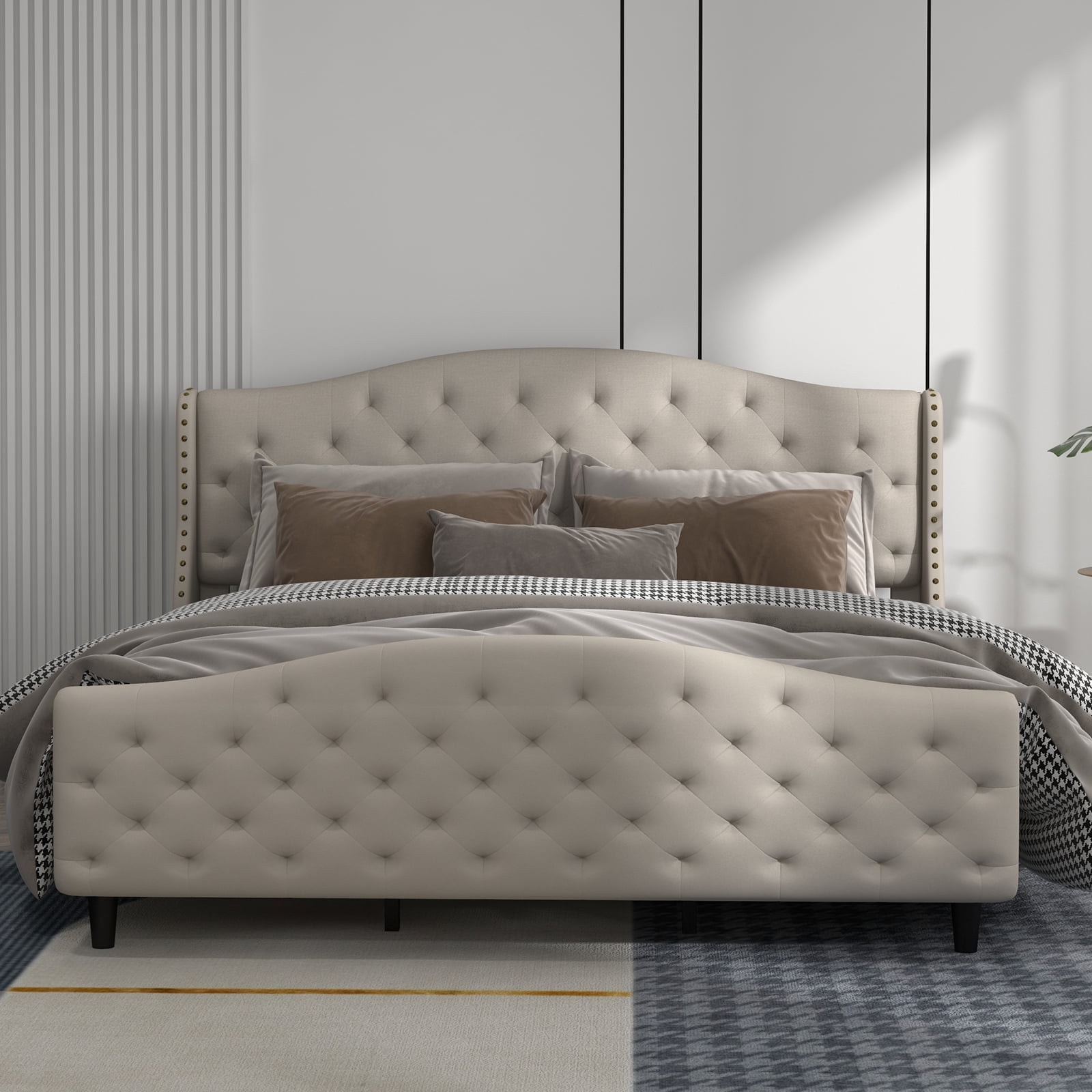 Tookss King/Queen Tufted Upholstered Wing Back Platform Bed with ...