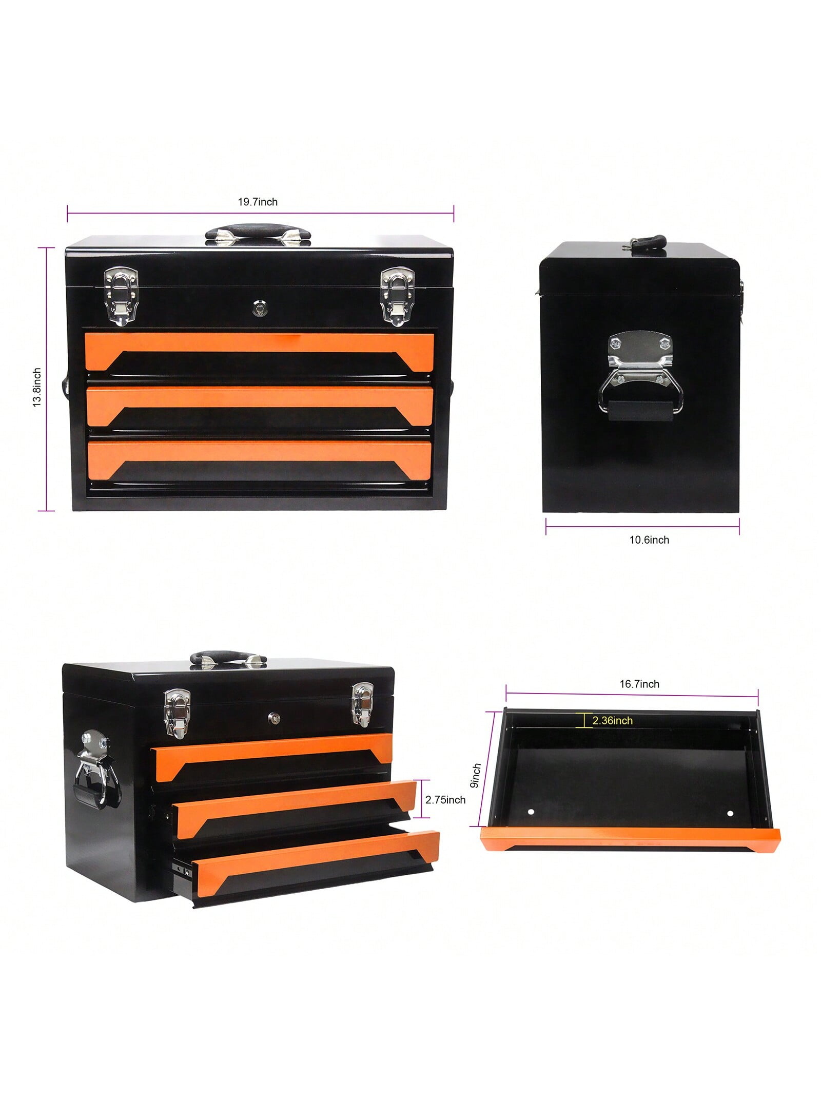 Tool Box with 3 Ball-Bearing Drawers, Lock Keys, Portable Storage Chest ...