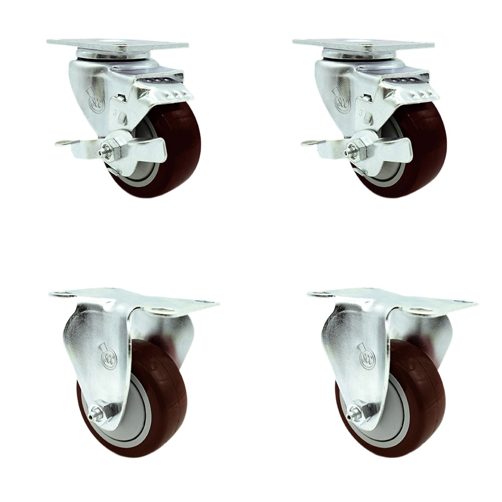 Tool Box Caster Wheel Set – 3.5 Inch Maroon Polyurethane Swivel Casters ...