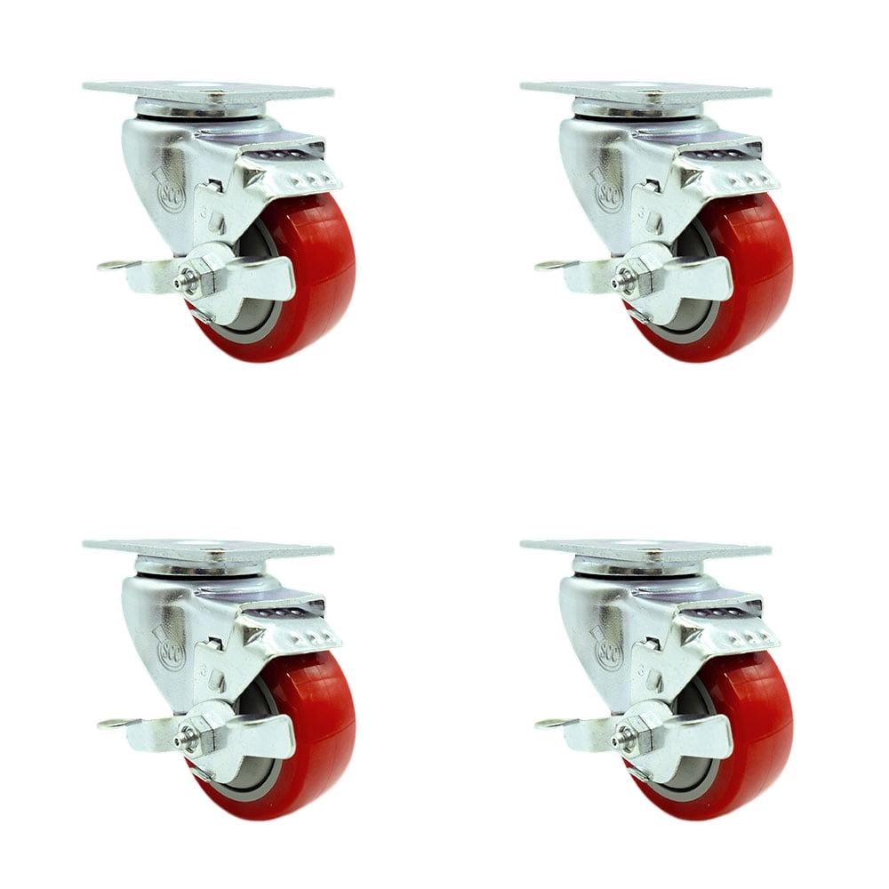 Tool Box Caster Wheel Set – 3.5 Inch Red Polyurethane Swivel Casters ...