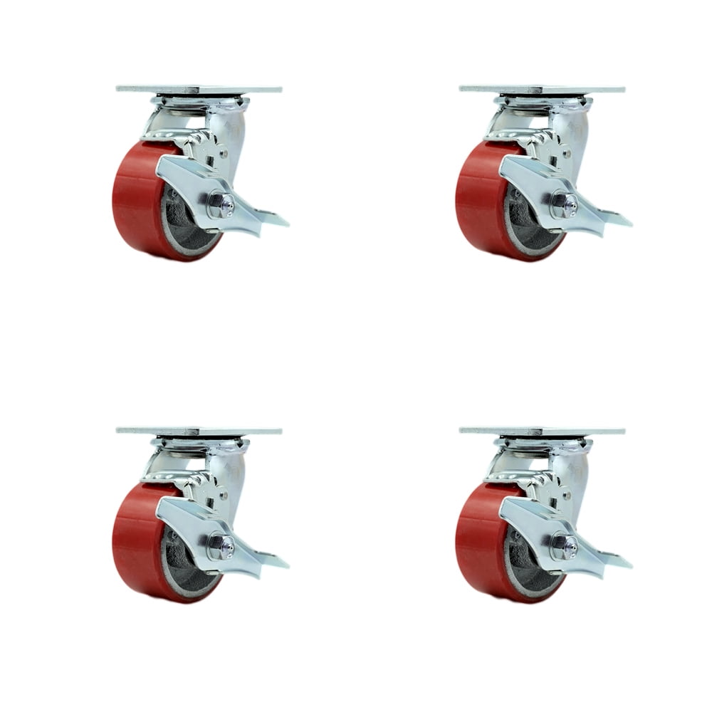 Tool Box Caster Wheel Set – 4 Inch Red Poly on Cast Iron Swivel Casters ...