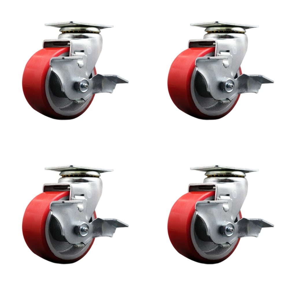 Tool Box Caster Wheel Set – 4 Inch Red Poly on Cast Iron Swivel Casters ...