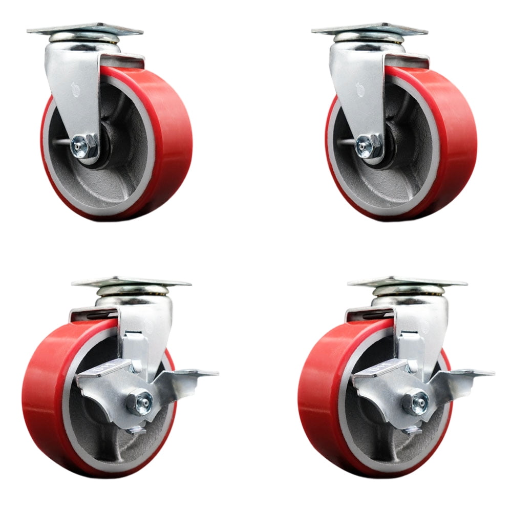 Tool Box Caster Wheel Set – 5 Inch Red Poly on Cast Iron Swivel Casters ...