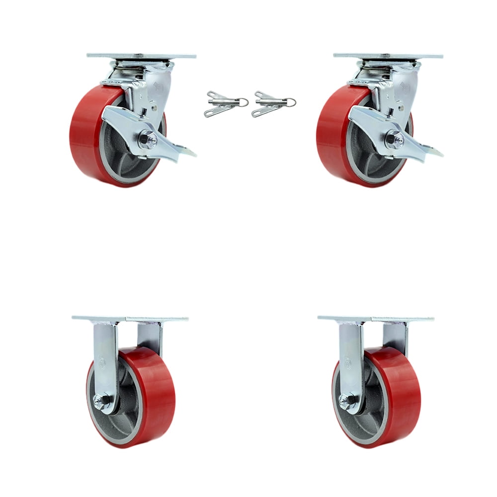 Tool Box Caster Wheel Set – 5 Inch Red Poly on Cast Iron Swivel Casters ...
