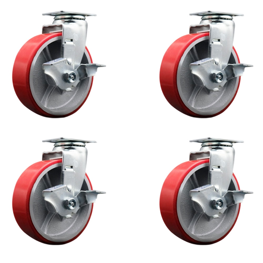 Tool Box Caster Wheel Set – 6 Inch Red Poly on Cast Iron Swivel Casters ...