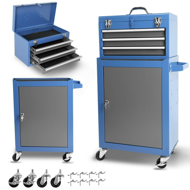Blue Rolling 3-Drawer Tool Chest: Detachable Toolbox with Wheels, Large ...