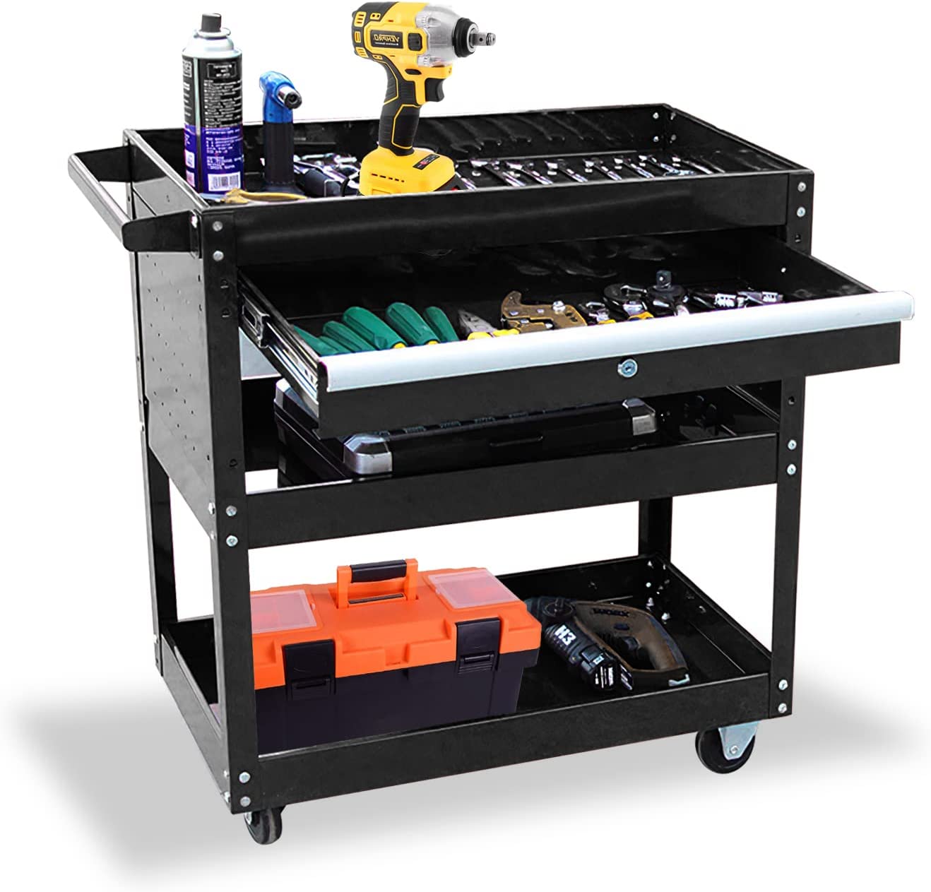 Tool Cart with Lock Drawers and Wheels, Big 3-Tier Rolling Utility Tool ...