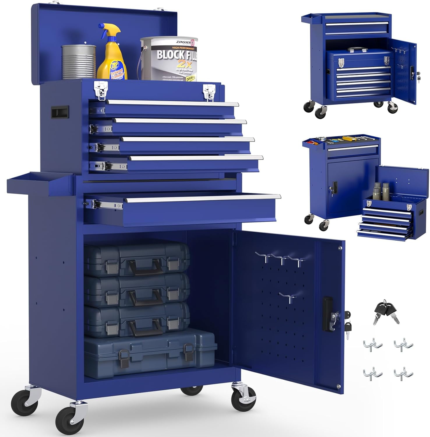 Tool Chest, 5-Drawer Rolling Tool Box with Wheels, Tool Cart with 2 in ...