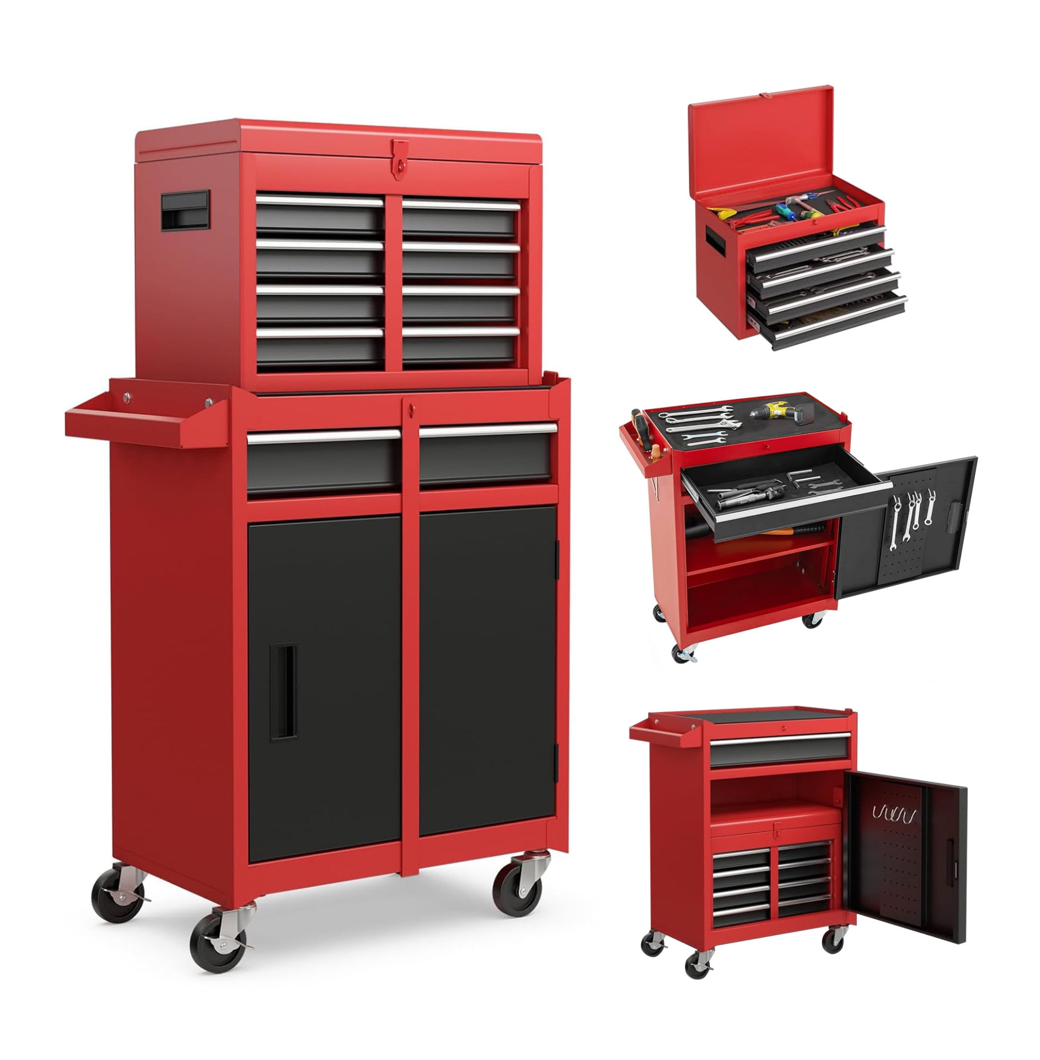 Tool Chest, 5-Drawer Rolling Tool Storage Cabinet with Detachable Top Tool Box, Liner, Universal ...