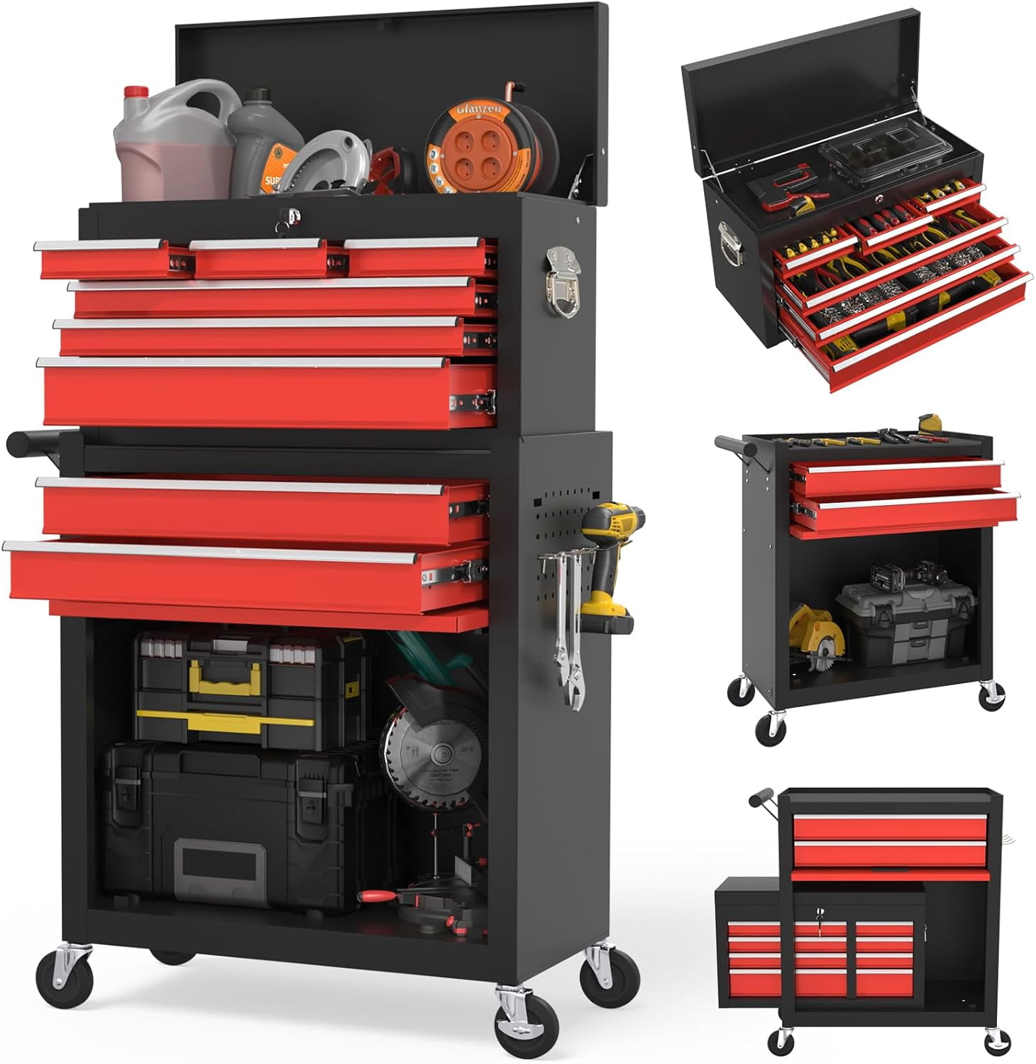 Tool Chest, 8-Drawer Rolling Tool Storage Cabinet with 2 in 1 Detachable Top Tool Box, Liner ...