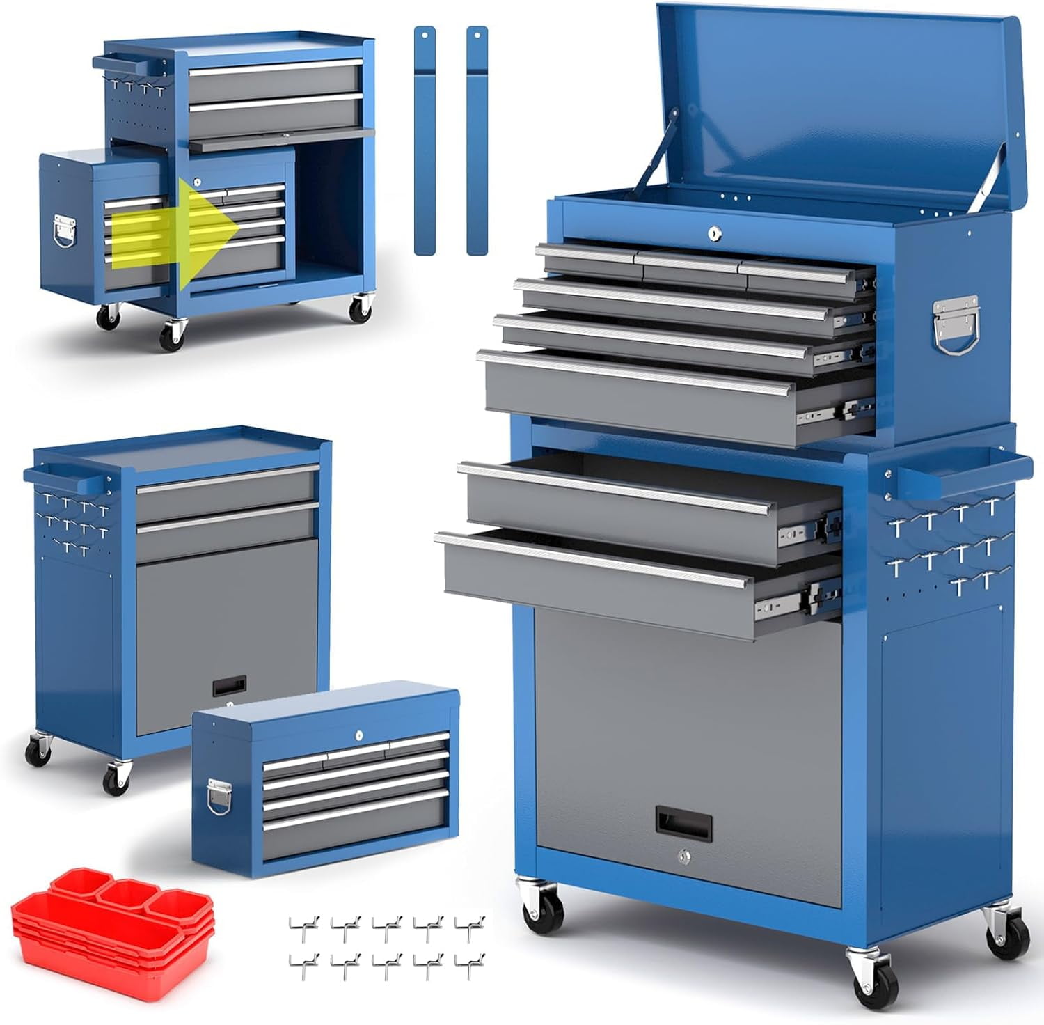 Tool Chest,8-Drawer Tool Box with Wheels,2 in 1 Detachable Top Toolbox ...