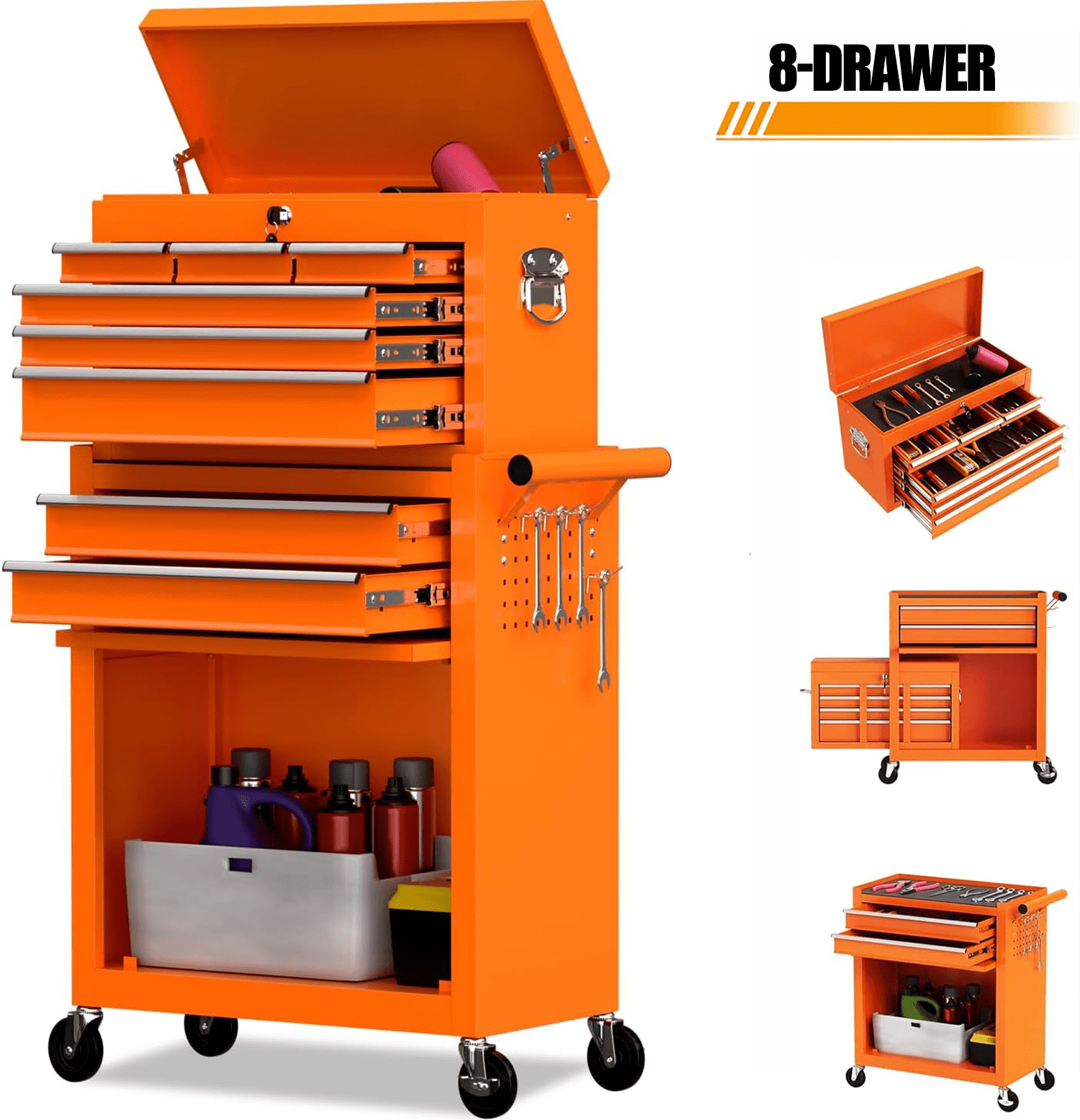 2-IN-1 Rolling Tool Chest & Cabinet, 8 Lockable Drawers, On Wheels ...