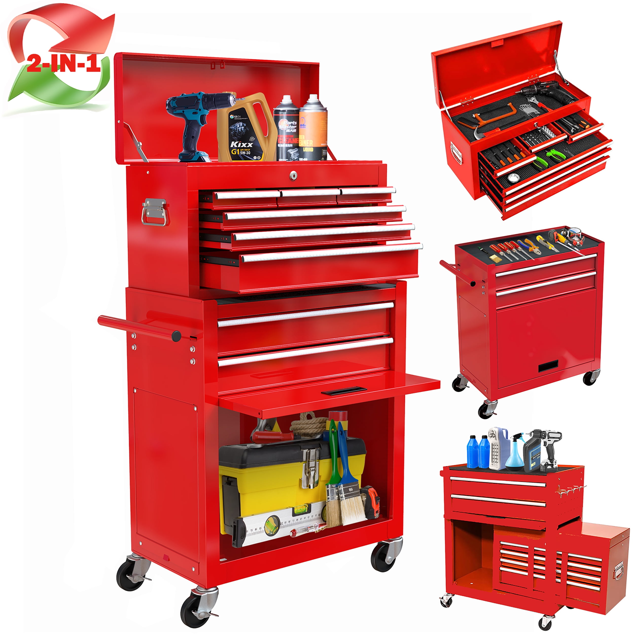 2-IN-1 Seizeen Rolling Tool Box | Mobile Tool Chest with 8 Drawers | Large Capacity Storage ...