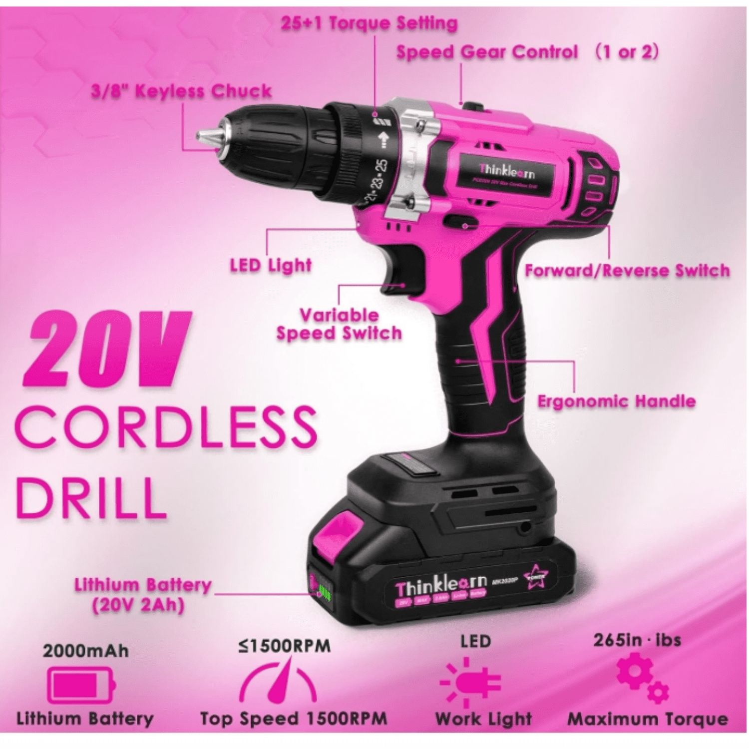 Tool Kit with 20V Cordless Drill(265in-lbs), Pink Drill Set for Women ...