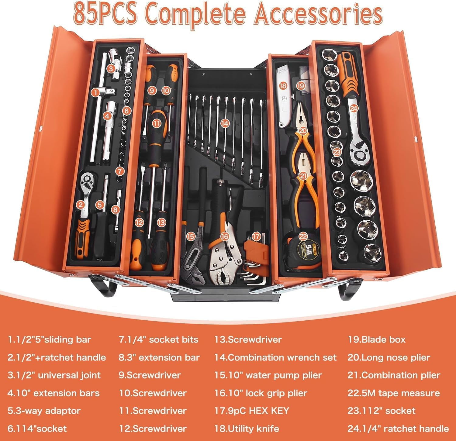 Tool Kit, 85 Piece Hand Tool Socket Wrench Set with Metal Tool Box ...