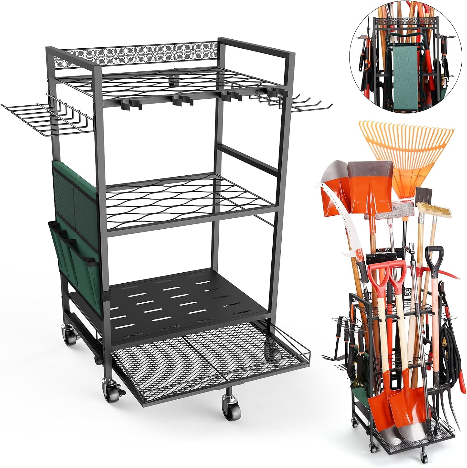 Tool Organizer for Garage - Yard Tool Organizer Rack with Wheels Garage ...