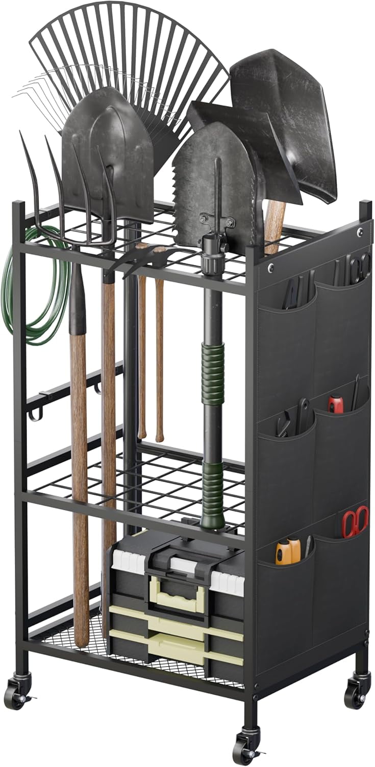 Tool Organizer with Side Pockets on Wheels, Patio Tool Tower Rack for ...